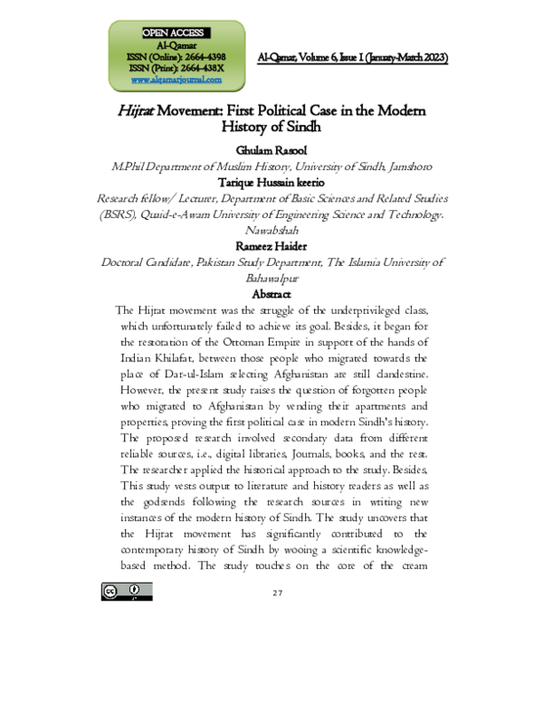 (PDF) Hijrat Movement: First Political Case in the Modern History of Sindh
