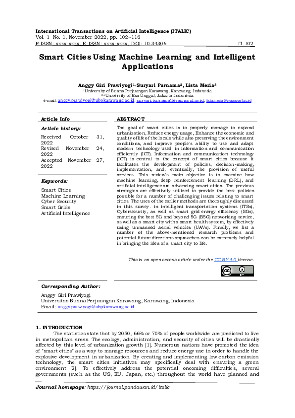 (PDF) Smart Cities Using Machine Learning and Intelligent Applications (ITALIC)