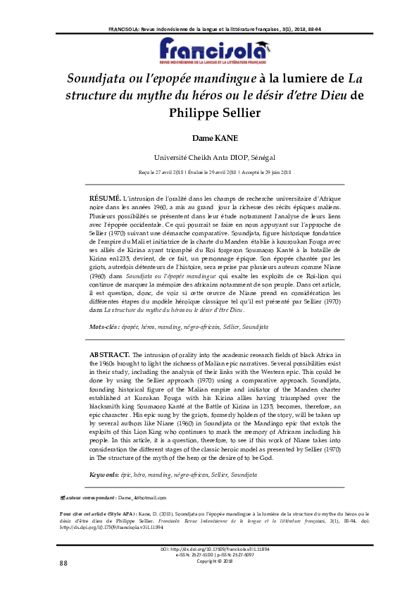 (PDF) Soundjata ou l’epopée mandingue à la lumiere de la structure du ...