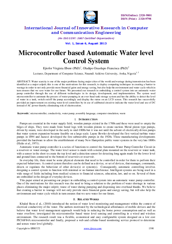 (PDF) Microcontroller based Automatic Water level Control System
