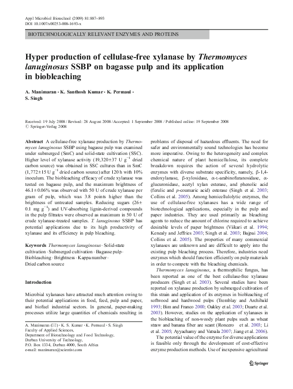 (PDF) Hyper production of cellulase-free xylanase by Thermomyces lanuginosus SSBP on bagasse ...
