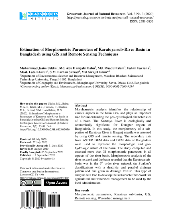(PDF) Estimation of Morphometric Parameters of Karatoya sub-River Basin in Bangladesh using GIS ...