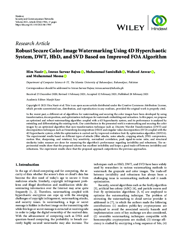 (PDF) Robust Secure Color Image Watermarking Using 4D Hyperchaotic System, DWT, HbD, and SVD ...