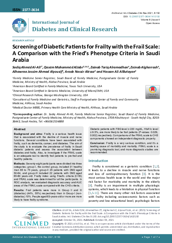 (PDF) Screening of Diabetic Patients for Frailty with the Frail Scale ...