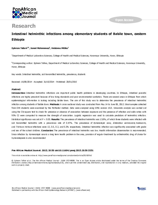 (PDF) Intestinal helminthic infections among elementary students of ...