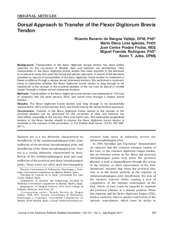 (PDF) Dorsal Approach to Transfer of the Flexor Digitorum Brevis Tendon