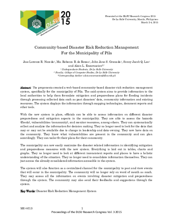 (PDF) Community-based Disaster Risk Reduction Management For the ...