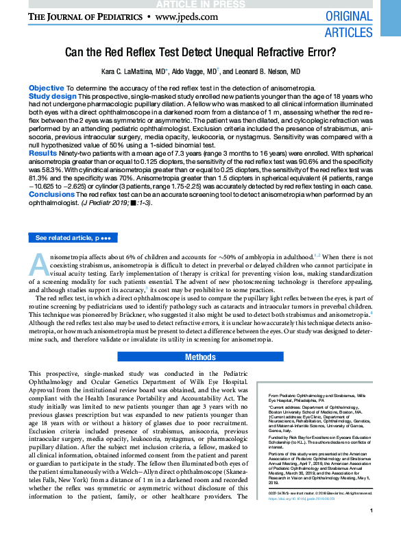 (PDF) Can the Red Reflex Test Detect Unequal Refractive Error? | Kara ...
