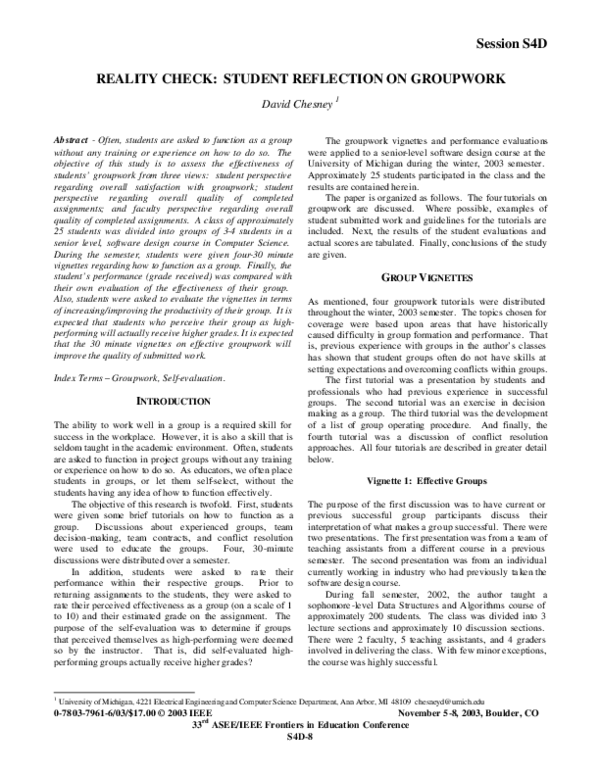 (PDF) Reality check- student reflection on groupwork