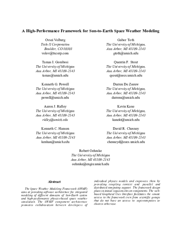 (PDF) A high-performance framework for sun-to-earth space weather modeling | David Chesney ...