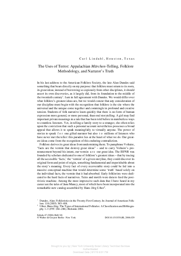 (PDF) The Uses of Terror: AppalachianMärchen-Telling, Folklore Methodology, and Narrator's Truth
