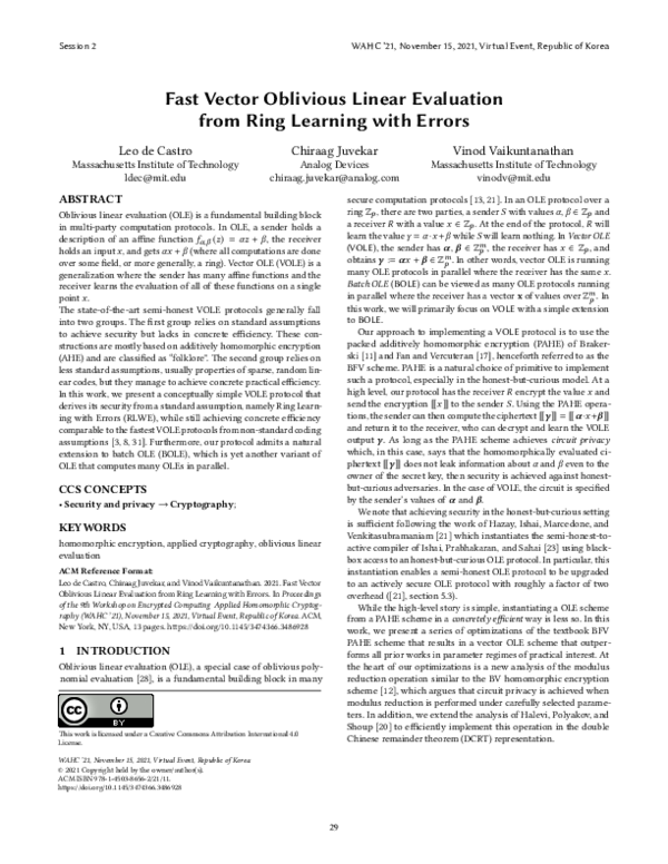 (PDF) Fast Vector Oblivious Linear Evaluation from Ring Learning with ...