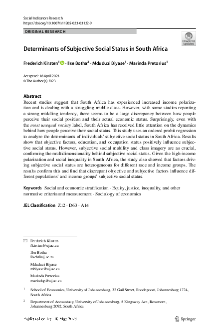 (PDF) Determinants of Subjective Social Status in South Africa