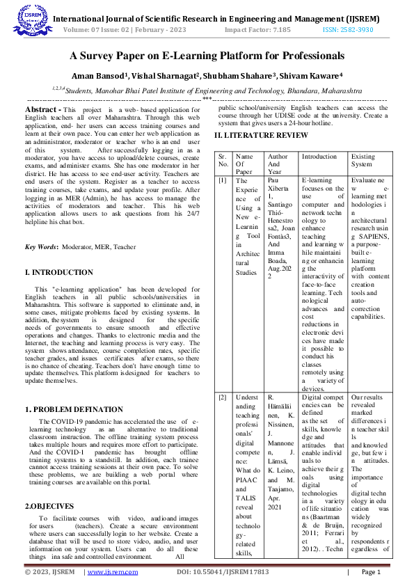 (PDF) A Survey Paper on E-Learning Platform for Professionals
