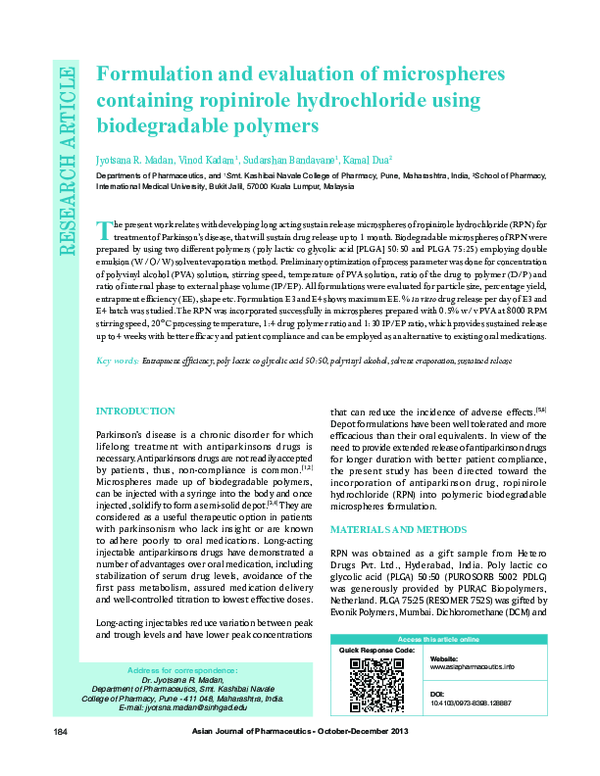 Pdf Formulation And Evaluation Of Microspheres Containing Ropinirole Hydrochloride Using