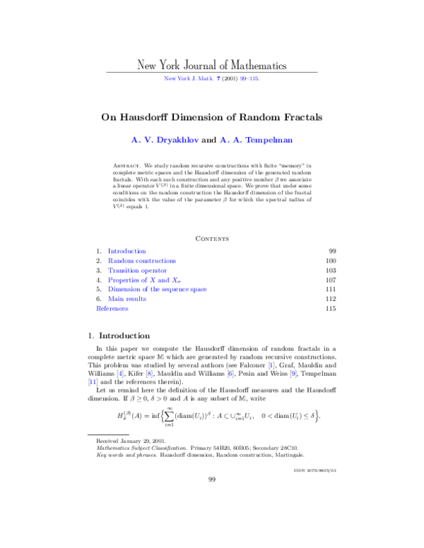 (PDF) On Hausdorff Dimension of Random Fractals | Arkady Tempelman - Academia.edu