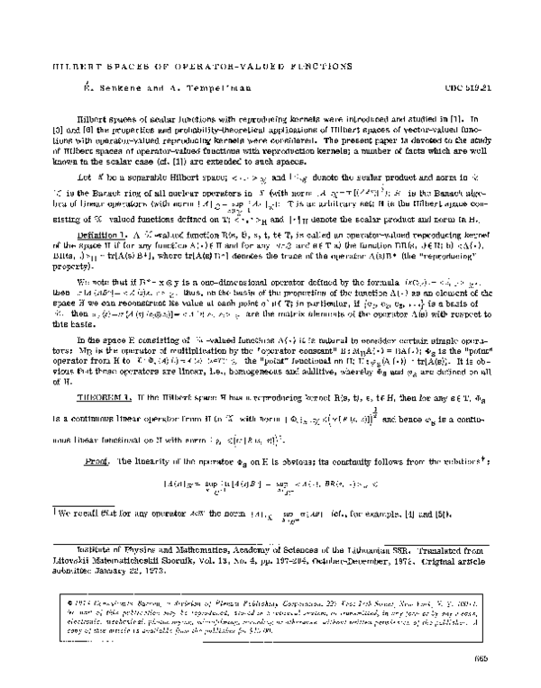 Pdf Hilbert Spaces Of Operator Valued Functions