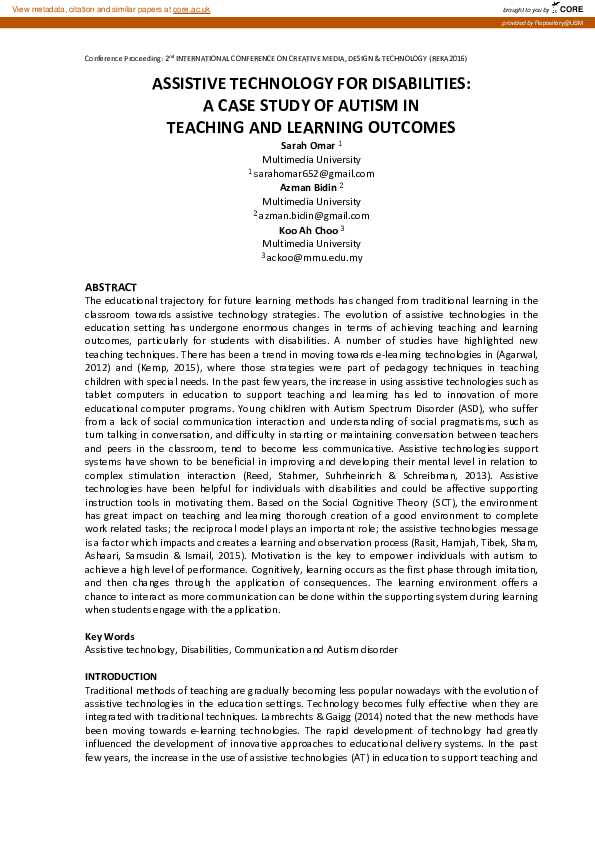 (PDF) Assistive Technology For Disabilities: A Case Study Of Autism In Teaching And Learning ...