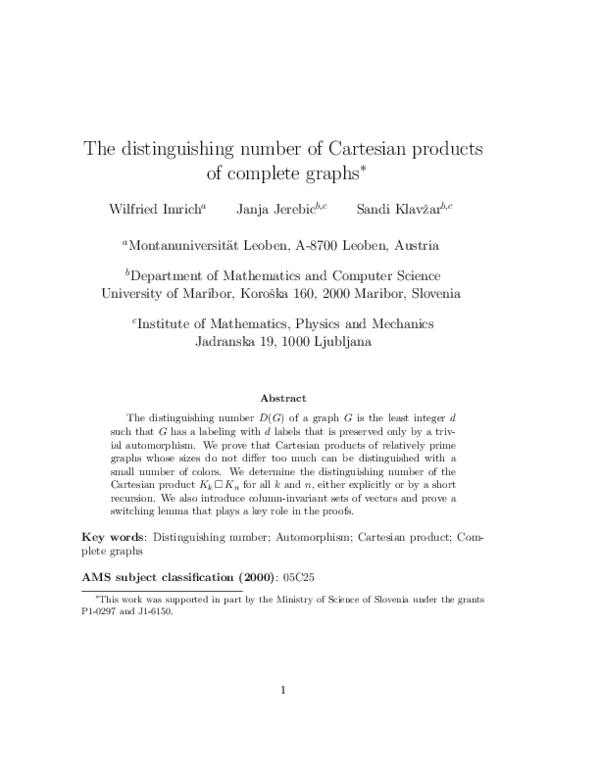 (PDF) The distinguishing number of Cartesian products of complete graphs