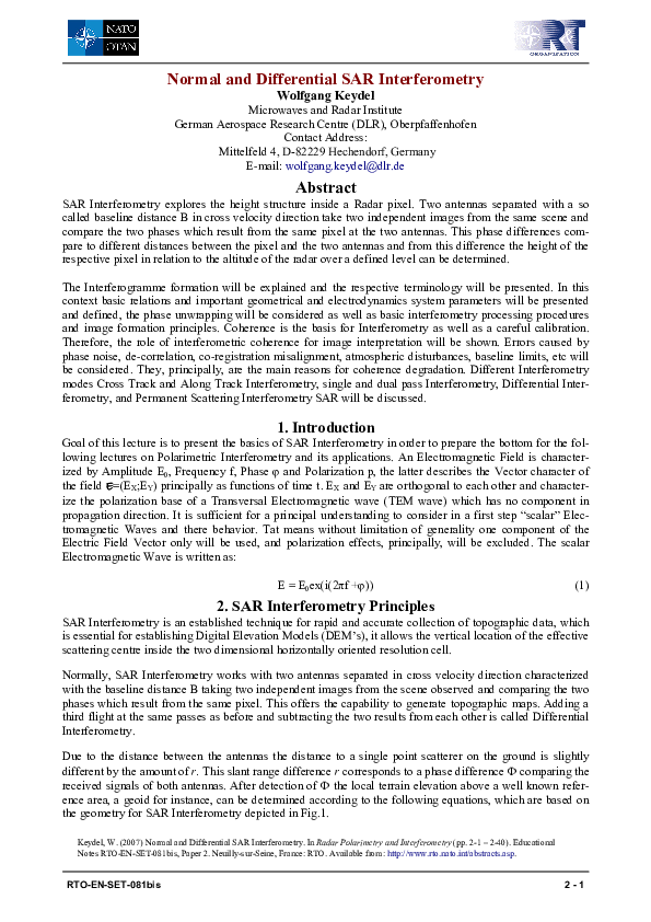 Pdf Normal And Differential Sar Interferometry