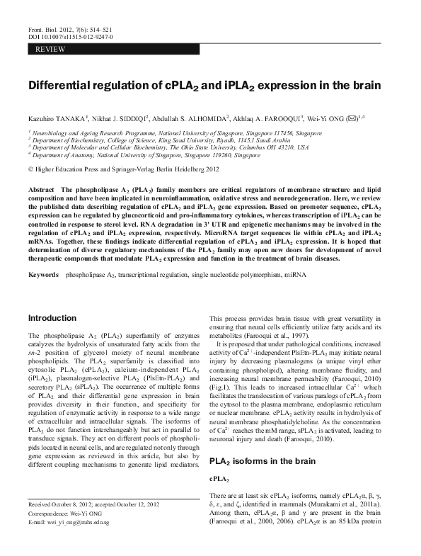 (PDF) Differential regulation of cPLA2 and iPLA2 expression in the brain