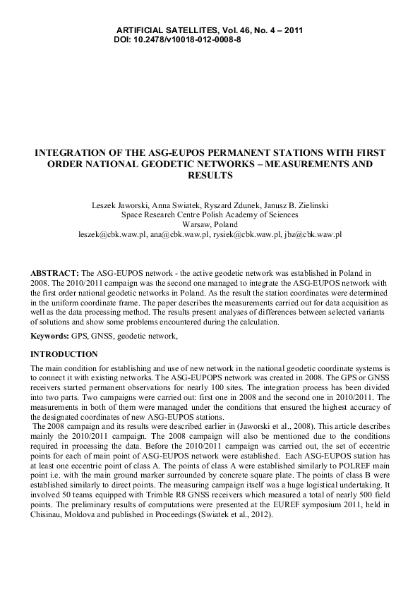 (PDF) Integration of the ASG-EUPOS Permanent Stations with First Order ...