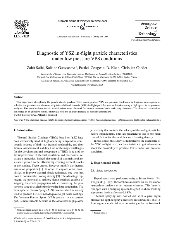 (PDF) Diagnostic of YSZ in-flight particle characteristics under low ...