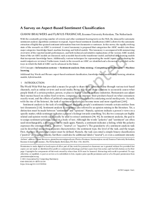Pdf A Survey On Aspect Based Sentiment Classification Flavius Frasincar