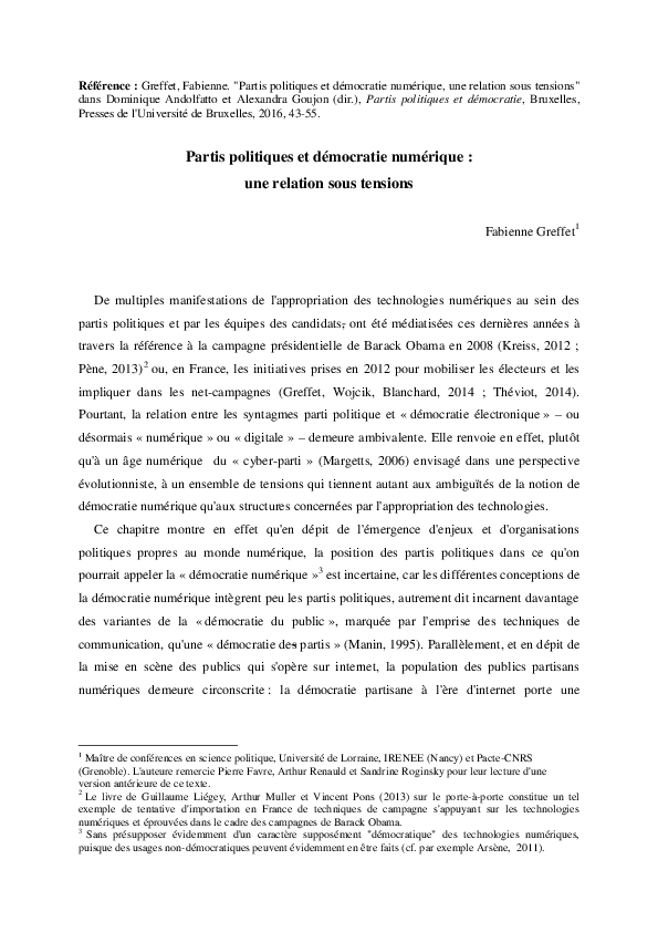 (PDF) Partis politiques et démocratie numérique, une relation sous tensions