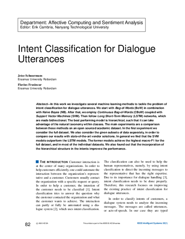 (PDF) Intent Classification for Dialogue Utterances