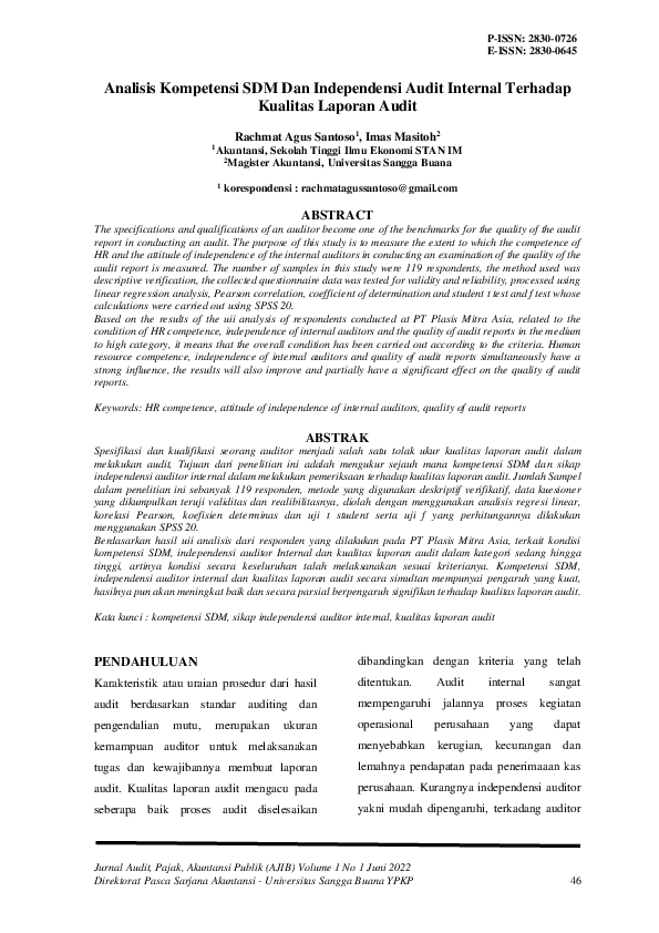 (PDF) Analisis Kompetensi SDM Dan Independensi Audit Internal Terhadap ...