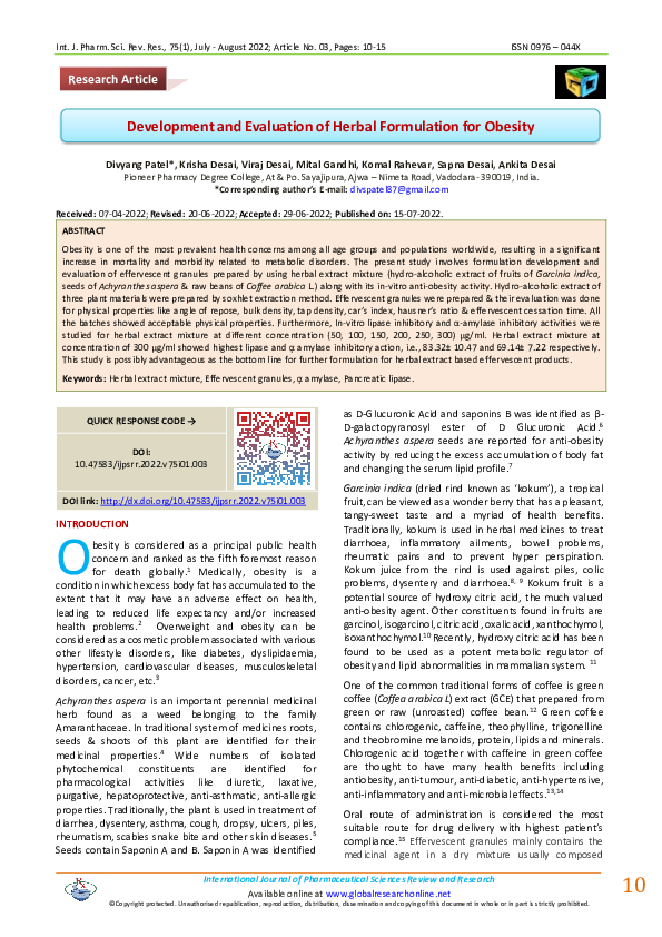 (PDF) Development and Evaluation of Herbal Formulation for Obesity | divyang patel - Academia.edu