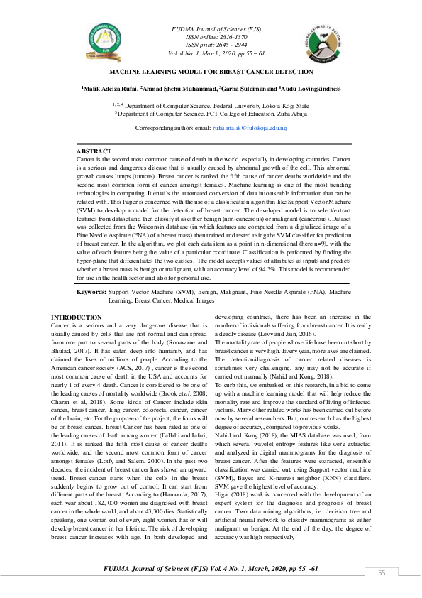 Pdf Machine Learning Model For Breast Cancer Detection