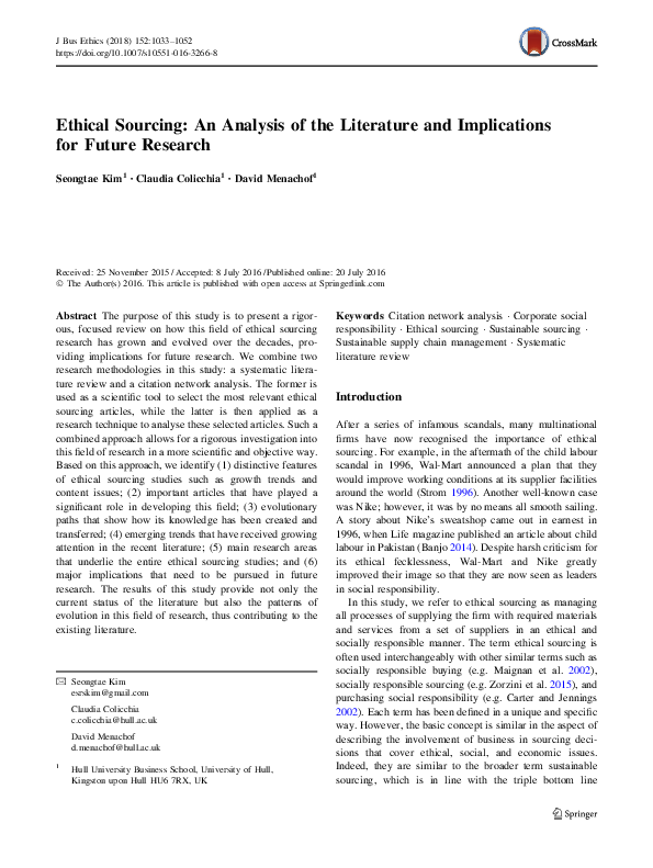 (PDF) Ethical Sourcing: An Analysis of the Literature and Implications ...