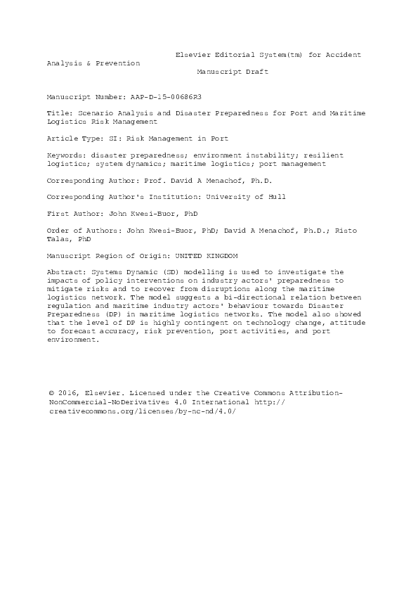 (PDF) Scenario analysis and disaster preparedness for port and maritime ...
