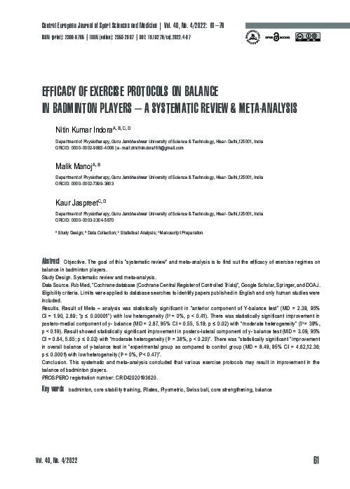 (PDF) Efficacy of Exercise Protocols on Balance in Badminton Players -A ...