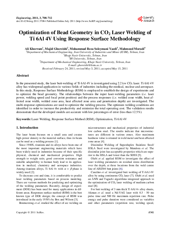 (PDF) Optimization of Bead Geometry in CO 2 Laser Welding of Ti 6Al 4V Using Response Surface ...