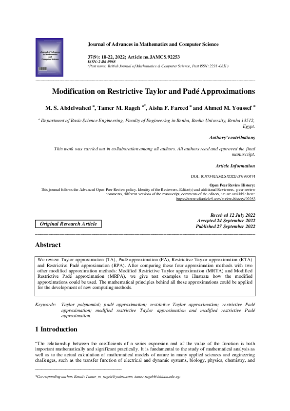 (PDF) Modification on Restrictive Taylor and Padé Approximations