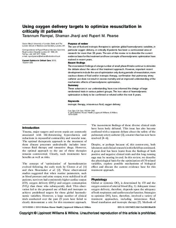 (PDF) Using oxygen delivery targets to optimize resuscitation in ...