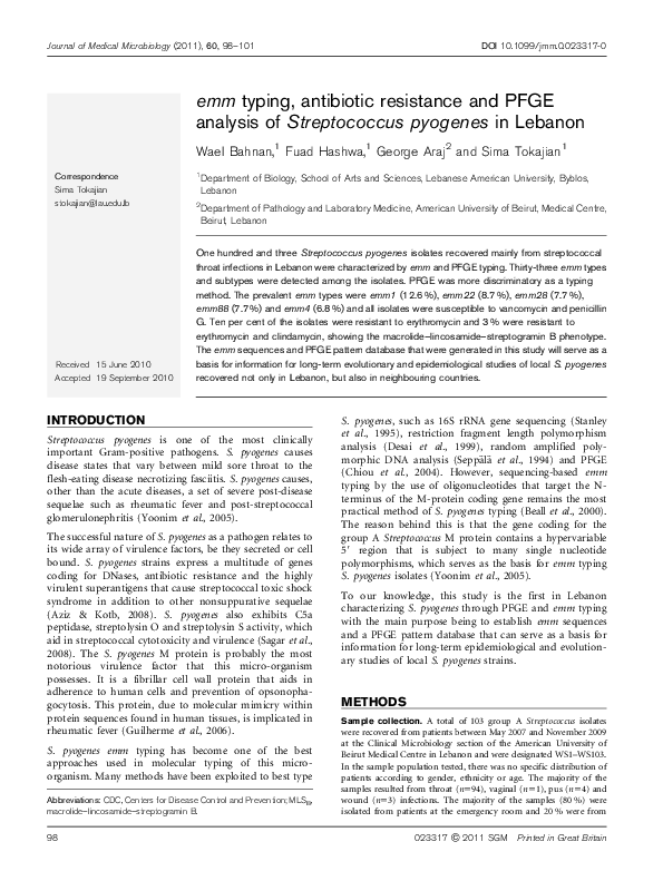 (PDF) emm typing, antibiotic resistance and PFGE analysis of ...