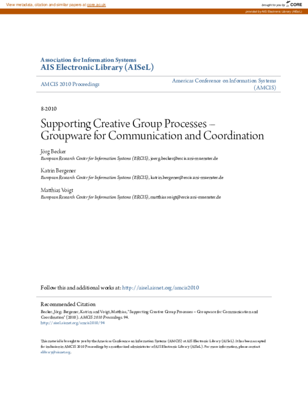 (PDF) Supporting Creative Group Processes Groupware for Communication and Coordination