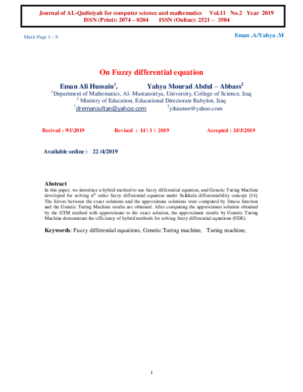 (PDF) On Fuzzy differential equation | Eman Hussain - Academia.edu