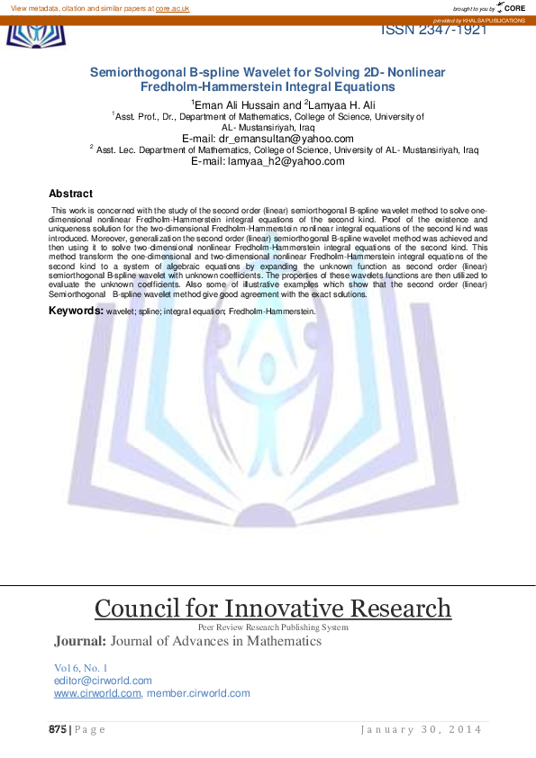 Pdf Semiorthogonal B Spline Wavelet For Solving 2d Nonlinear Fredholm Hammerstein Integral