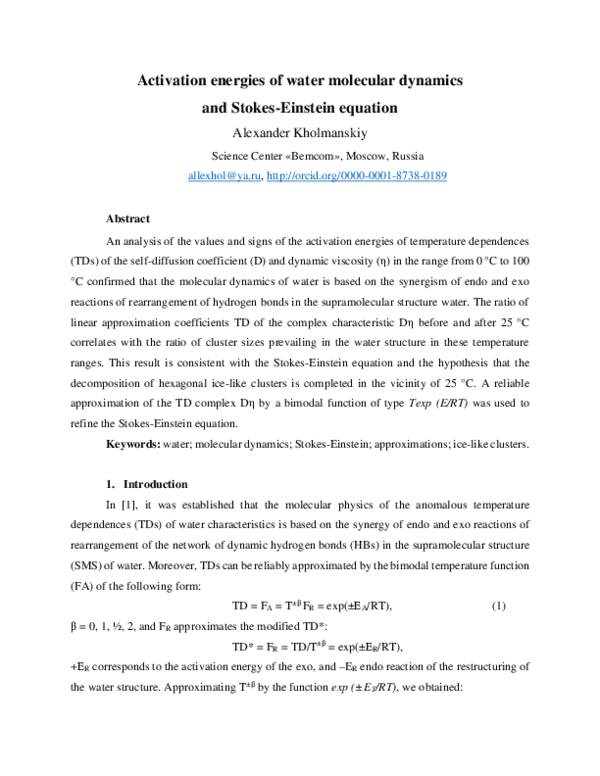 (PDF) Activation energies of water molecular dynamics and Stokes-Einstein equation