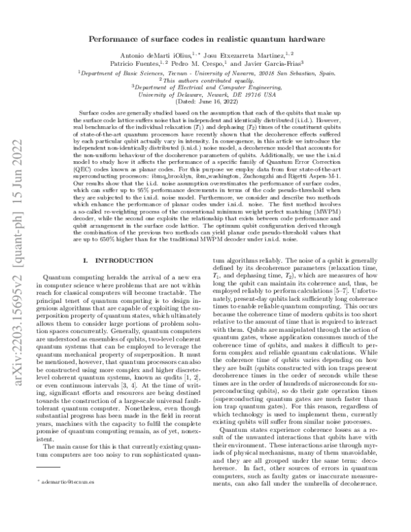 (PDF) Performance of surface codes in realistic quantum hardware