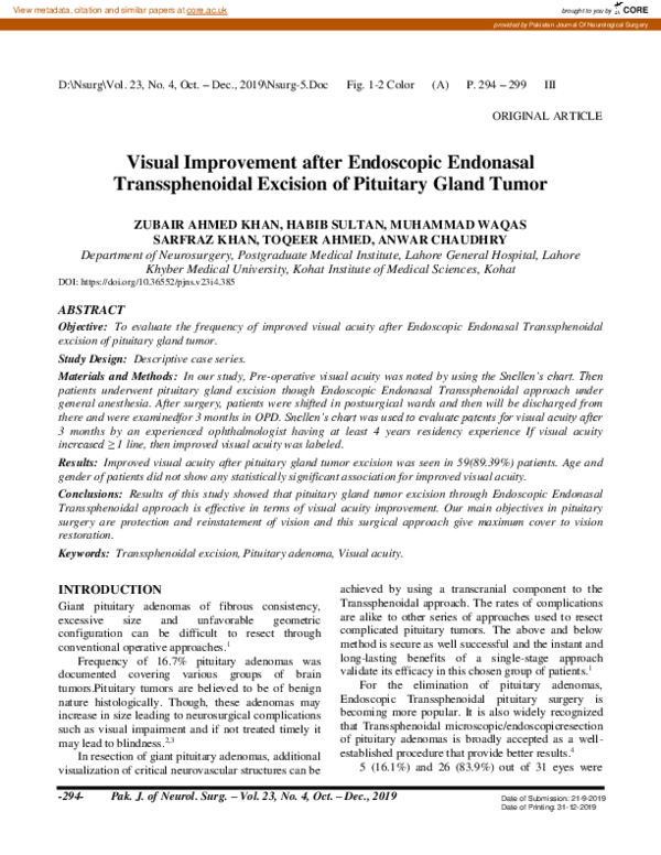(PDF) Visual Improvement after Endoscopic Endonasal Transsphenoidal Excision of Pituitary Gland ...