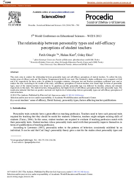 (PDF) The Relationship between Personality Types and Self-efficacy Perceptions of Student Teachers