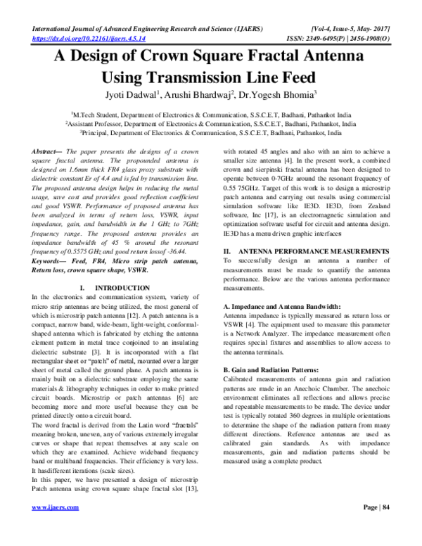 (PDF) A Design of Crown Square Fractal Antenna Using Transmission Line ...
