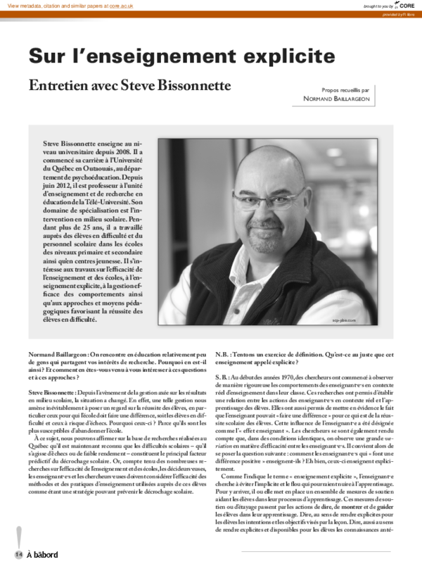 (PDF) Sur l’enseignement explicite: Entretien avec Steve Bissonnette