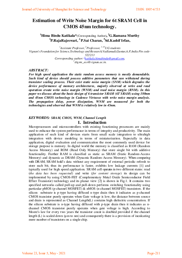 (PDF) Estimation of Write Noise Margin for 6t SRAM Cell in CMOS 45nm ...